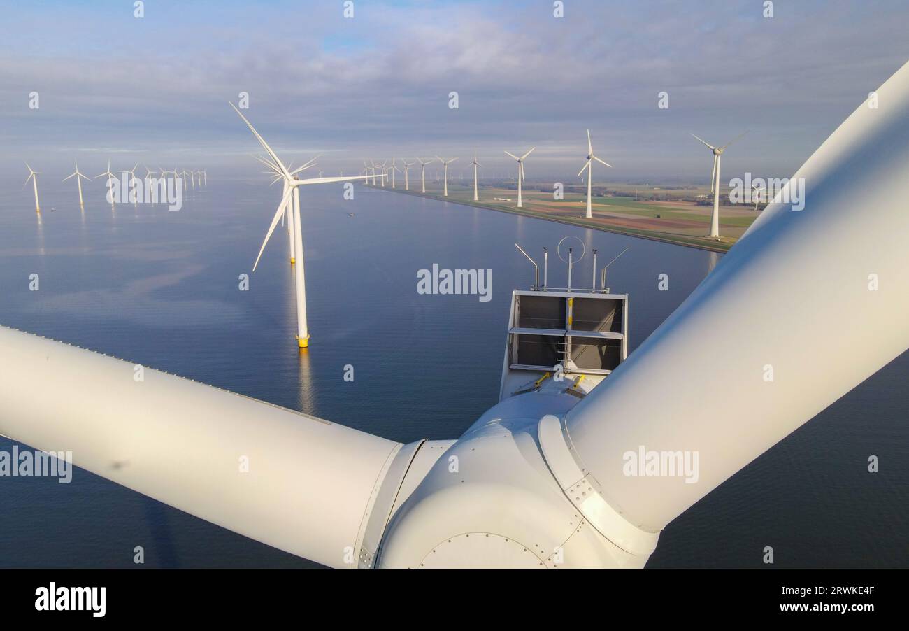 close up the ocean Wind Farm turbines. Windmill farm in the ocean ...