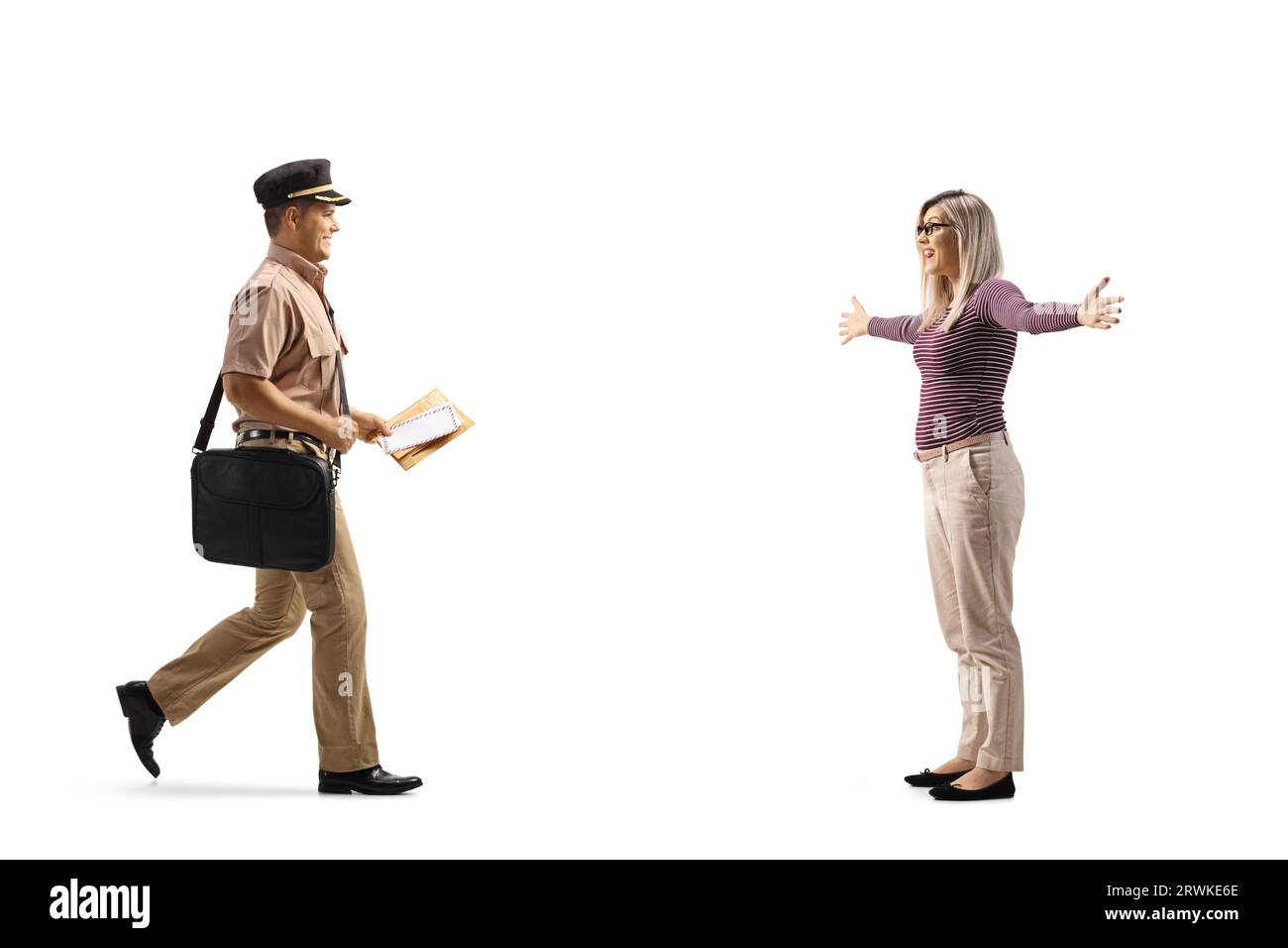 Excited woman waiting a mailman delivering mail isolated on white ...