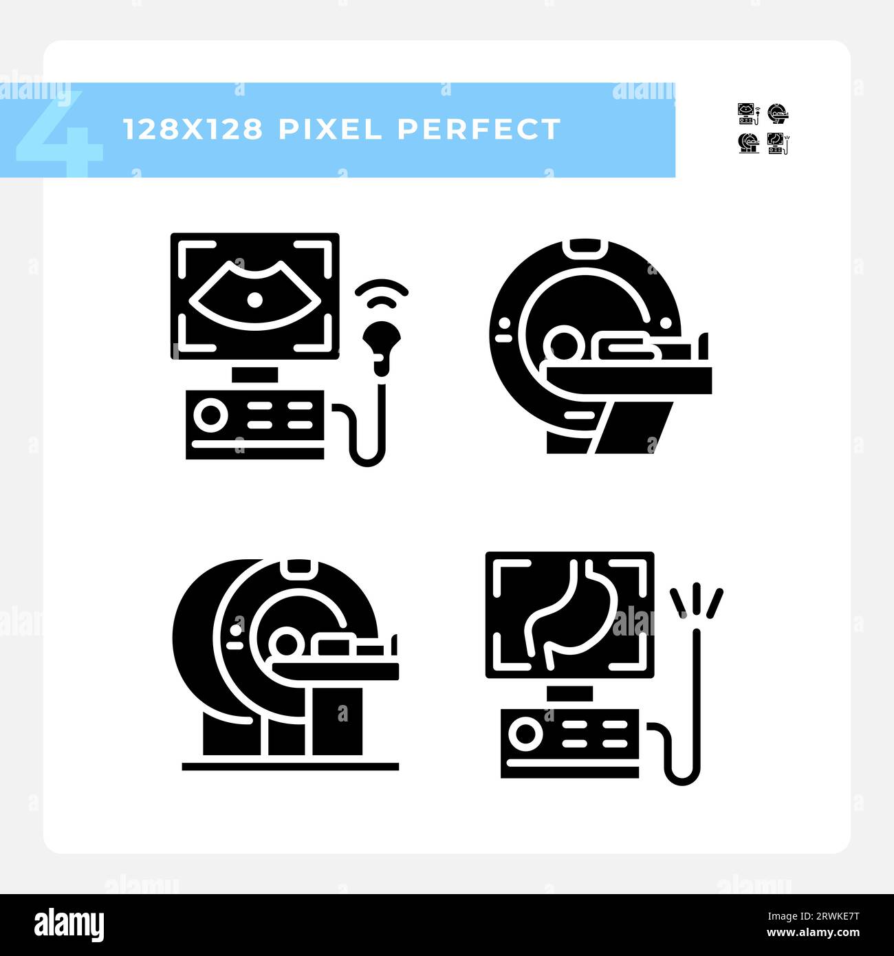 Medical imaging technology pixel perfect black glyph icons set on white ...