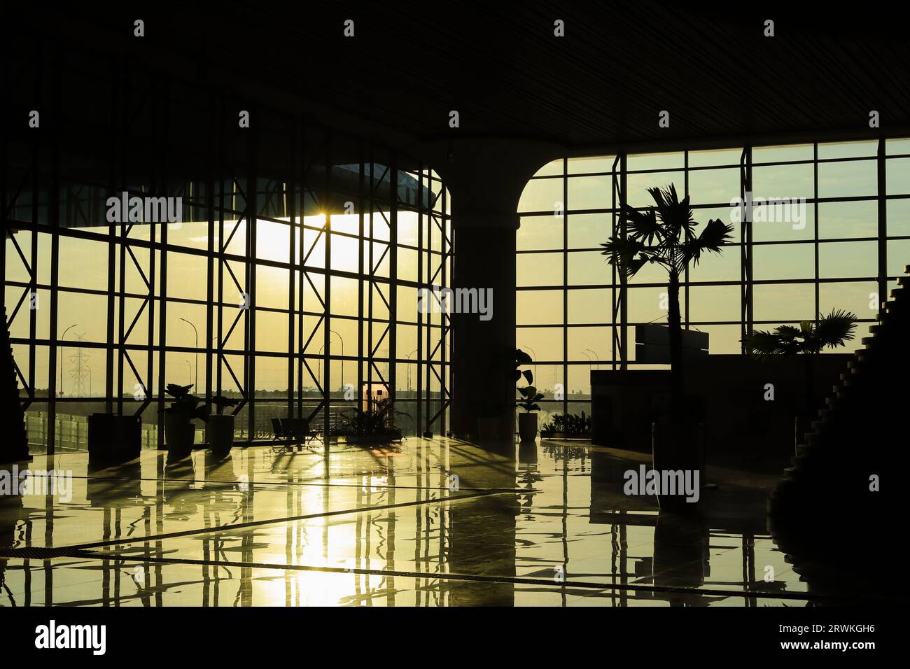 The airport silhouette interior during the sunrise. Yogyakarta ...