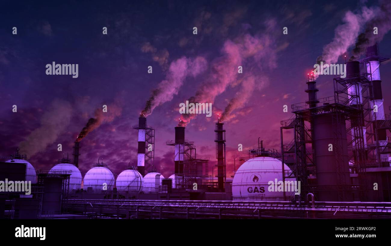 gas or gasoline powerhouse with storage tanks, fictive - abstract 3D ...