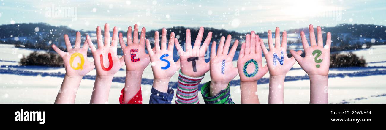 Children Hands Building Word Question, Winter Background Stock Photo ...