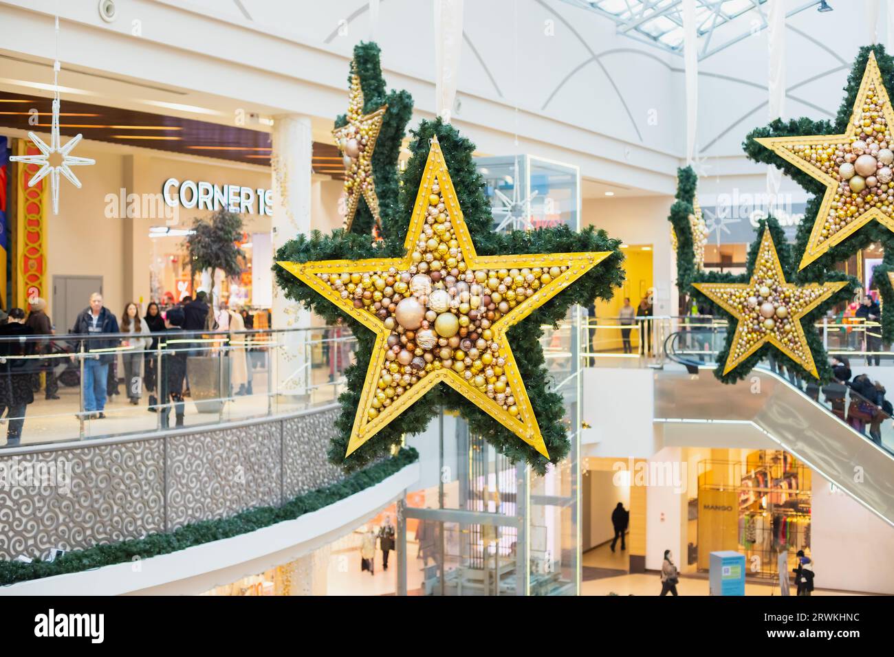 atrium, shopping center hall, christmas shopping mall interior, huge ...