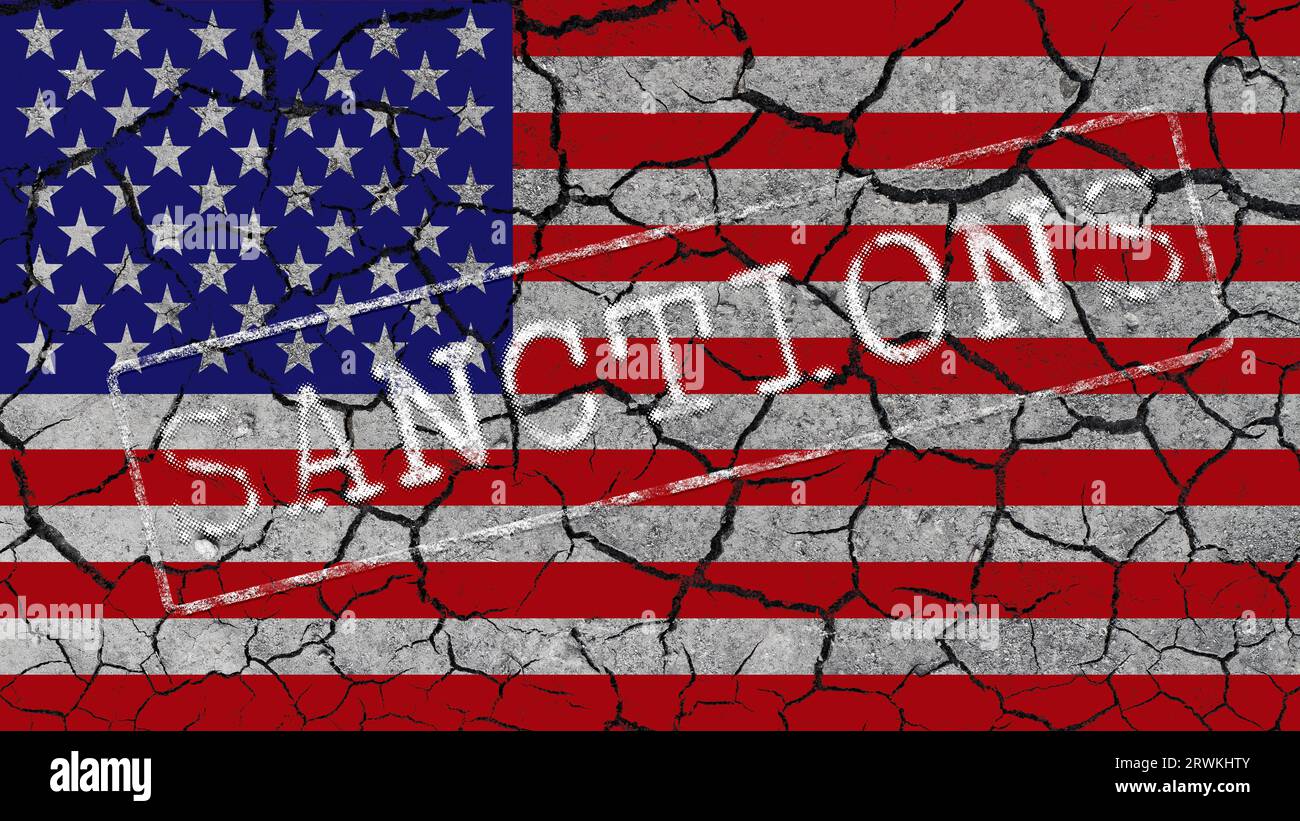 White inscription SANCTIONS on the background of the US flag and cracks ...