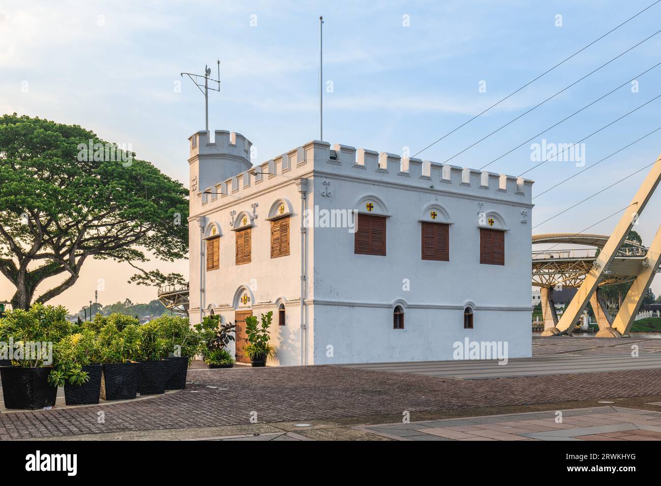 Square Tower, a former prison and now a clock tower in Kuching, Sarawak ...