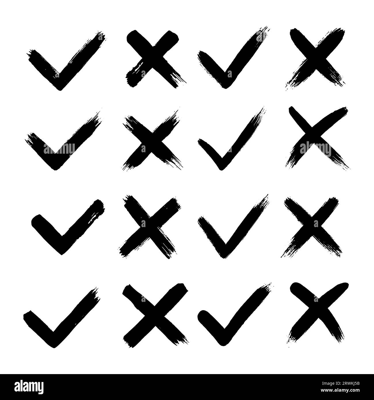 Grunge hand drawn brush strokes cross X and tick OK check marks V ...