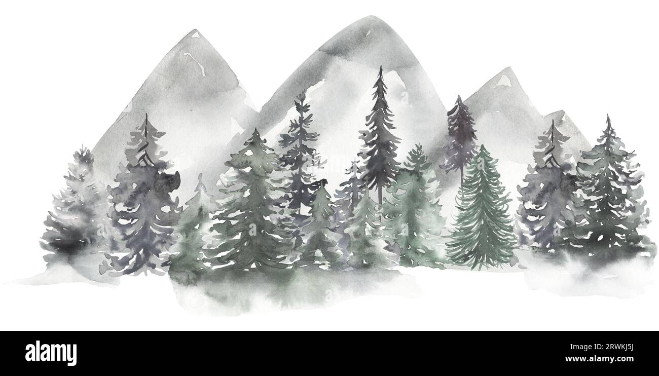 Watercolor hand painted forest trees and mountains illustration ...