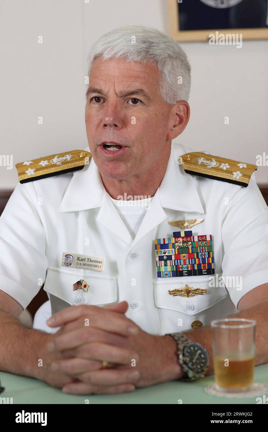 Vice Admiral Karl Thomas, commander, Seventh Fleet speaks to Japanese ...