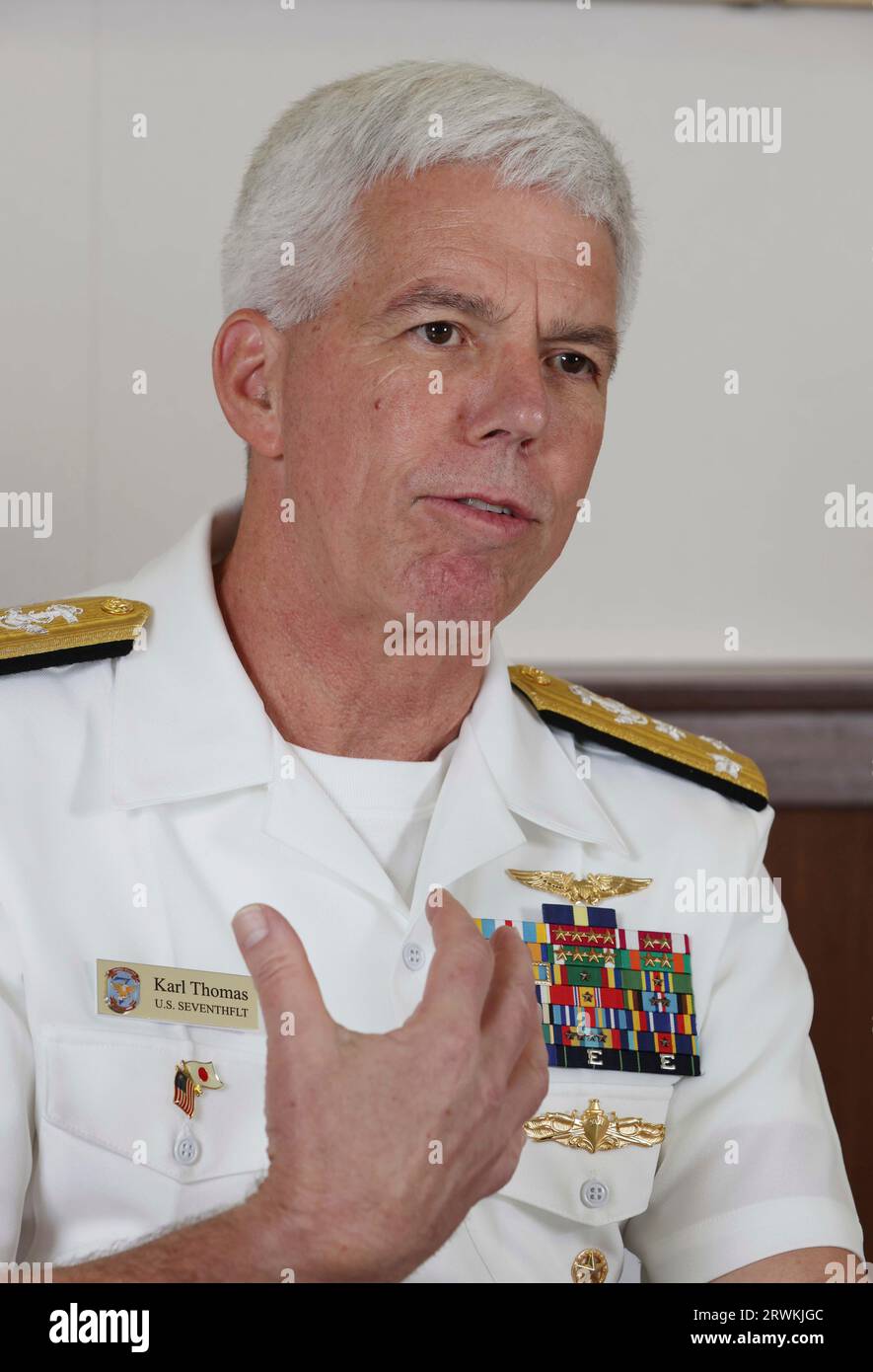 Vice Admiral Karl Thomas, commander, Seventh Fleet speaks to Japanese ...