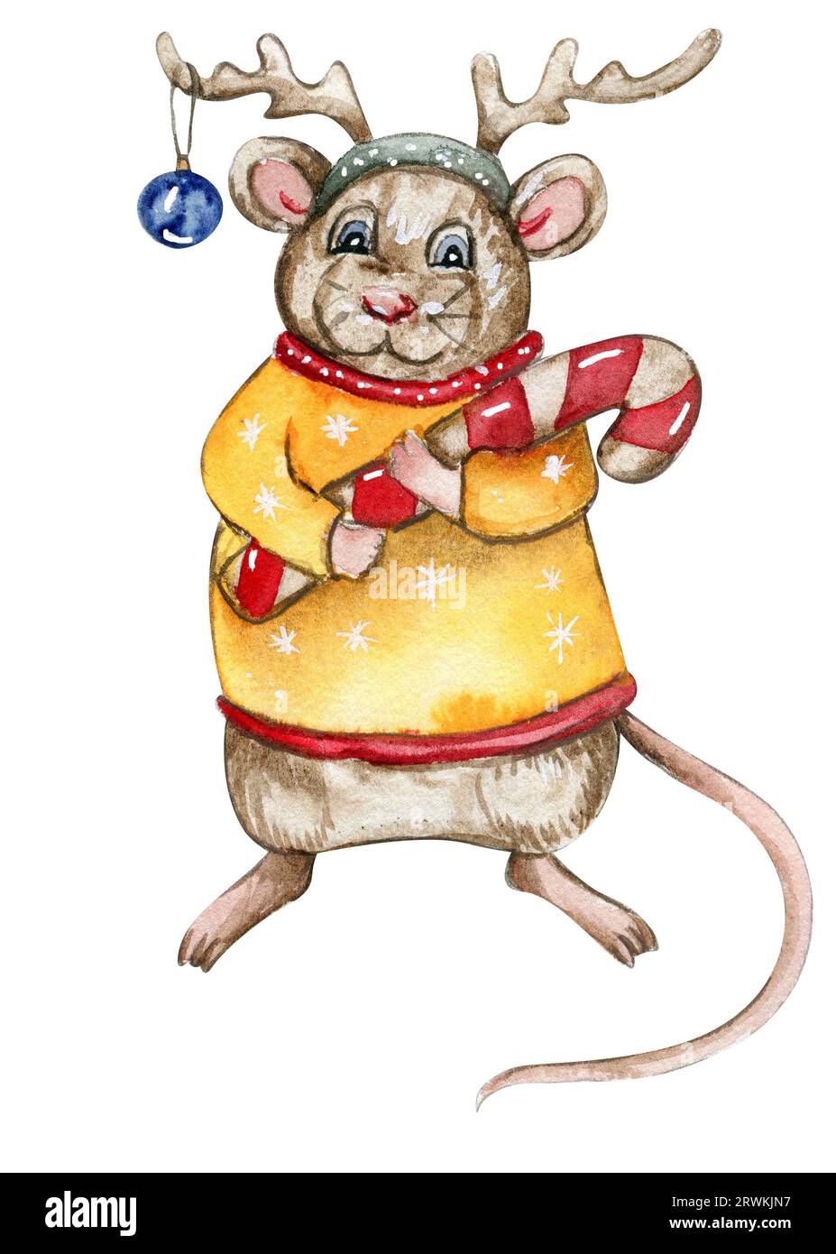 Watercolor Christmas mice in cartoon style. Watercolor Christmas hand ...