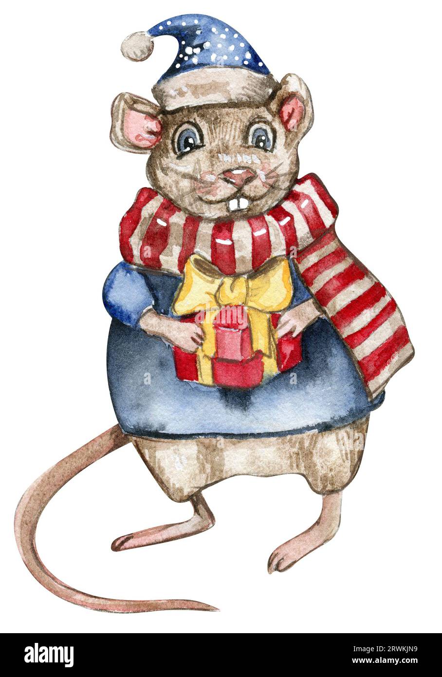 Watercolor Christmas mice in cartoon style. Watercolor Christmas hand ...