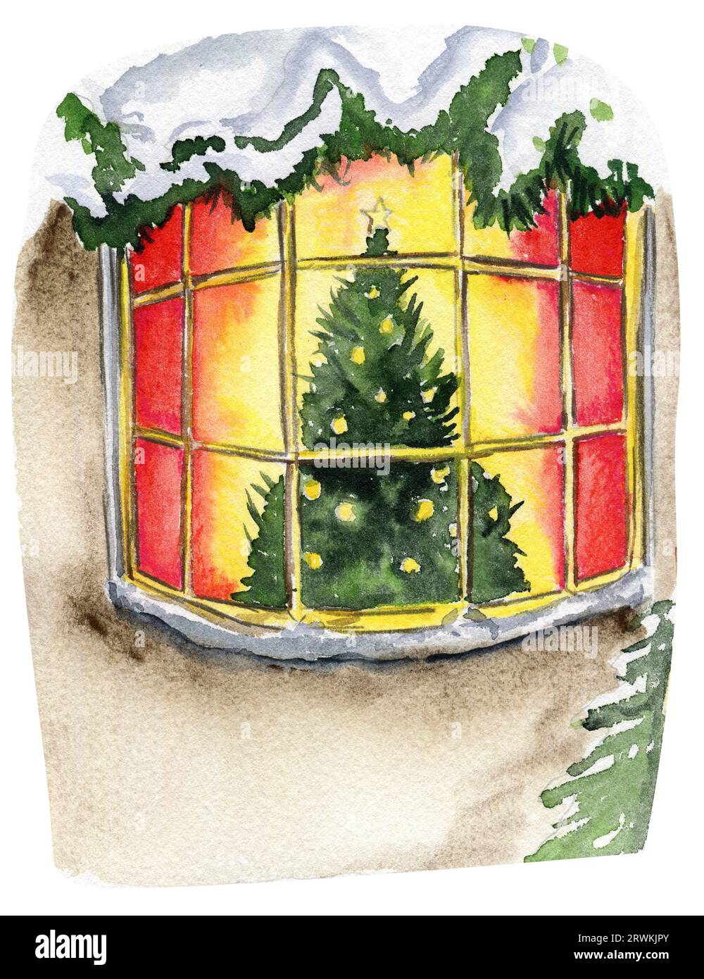 Window in winter with yellow light from it. Watercolor Christmas hand ...