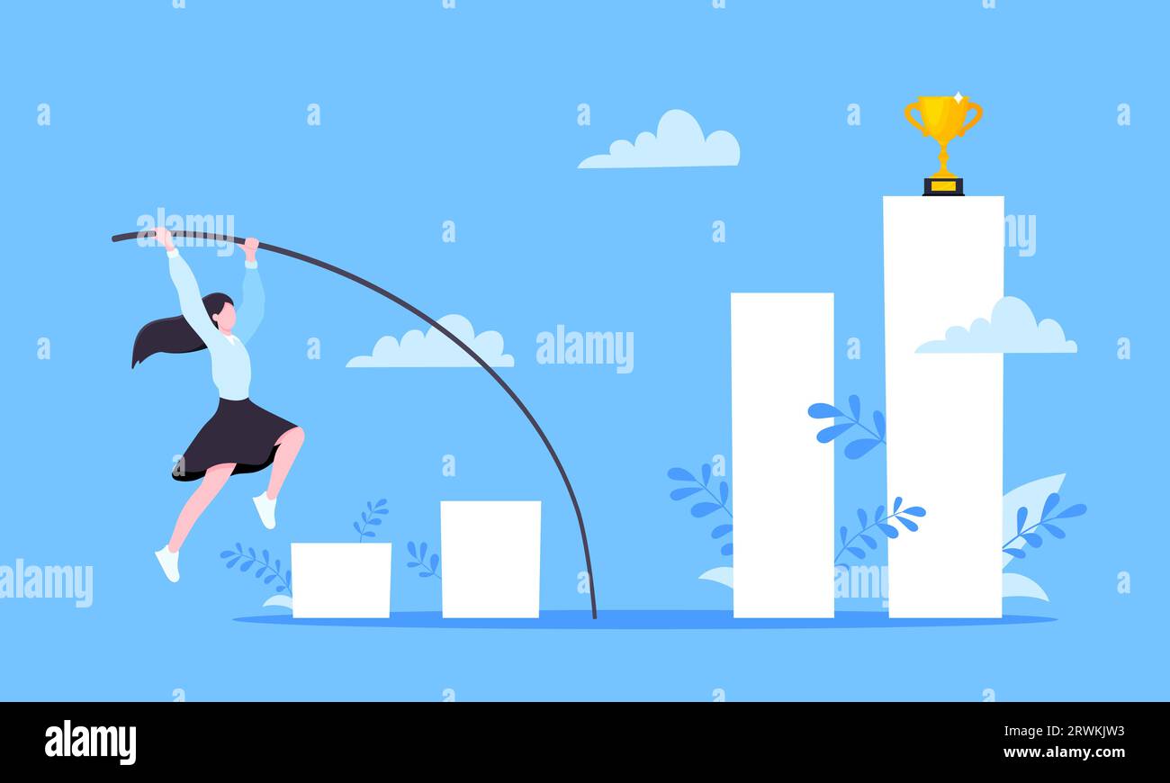 Businesswoman jumps pole vault over graph bars flat style design vector ...