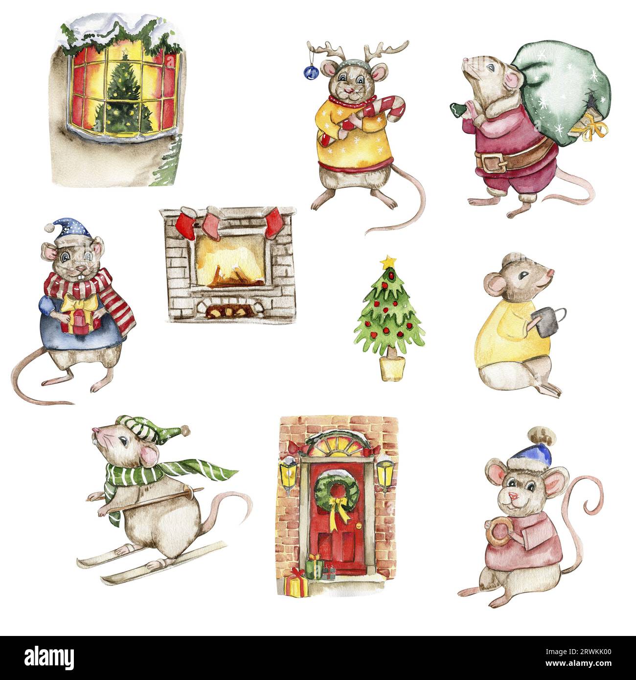 Watercolor Christmas mice in cartoon style. Watercolor Christmas hand ...