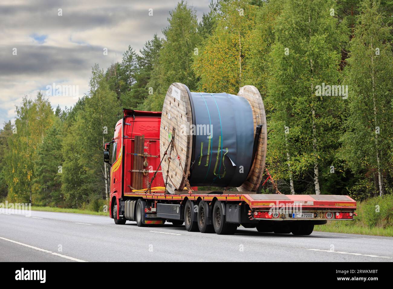 Red Scania 500S truck of Transport Logistica transports large Prysmian ...