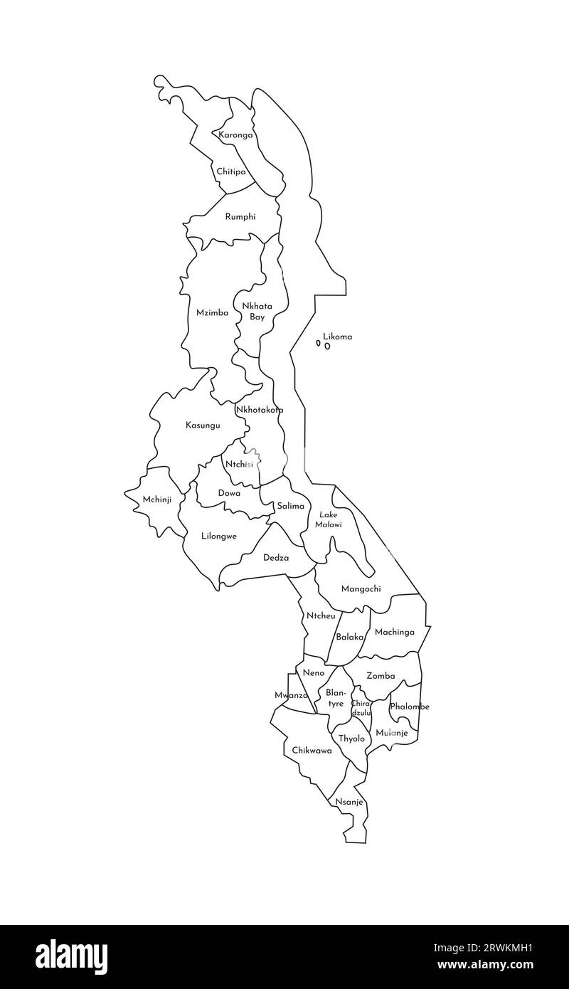 Vector isolated illustration of simplified administrative map of Malawi. Borders and names of ...