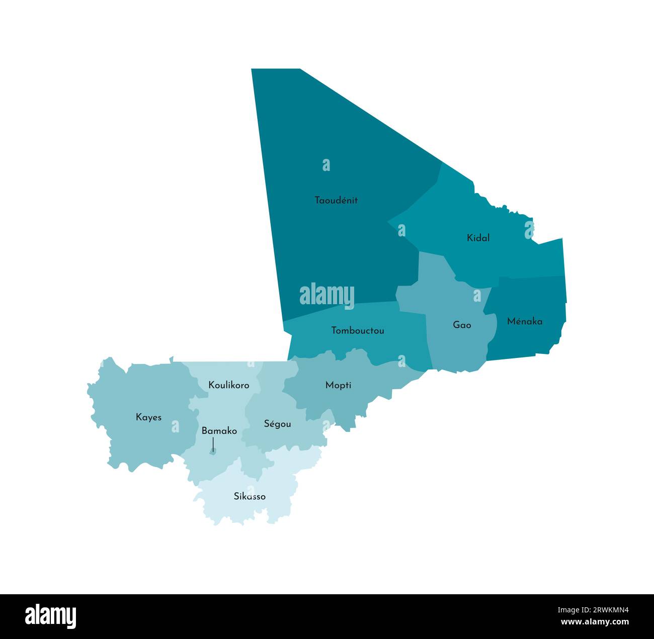 Vector isolated illustration of simplified administrative map of Mali. Borders and names of the ...