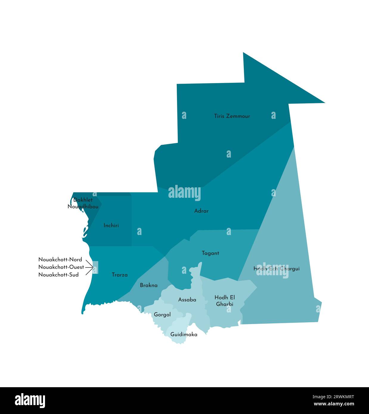 Vector isolated illustration of simplified administrative map of Mauritania. Borders and names ...