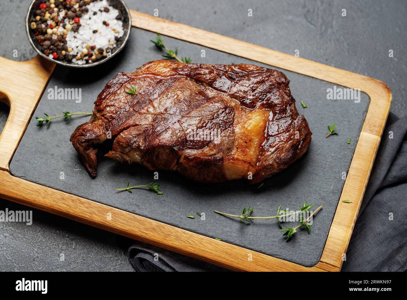 Deliciously juicy beef ribeye steak, perfectly cooked and ready to be ...