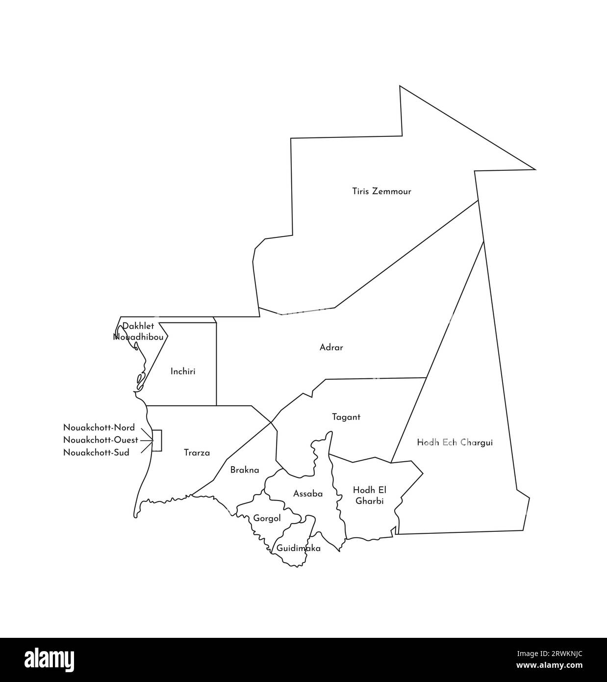 Vector isolated illustration of simplified administrative map of Mauritania. Borders and names ...