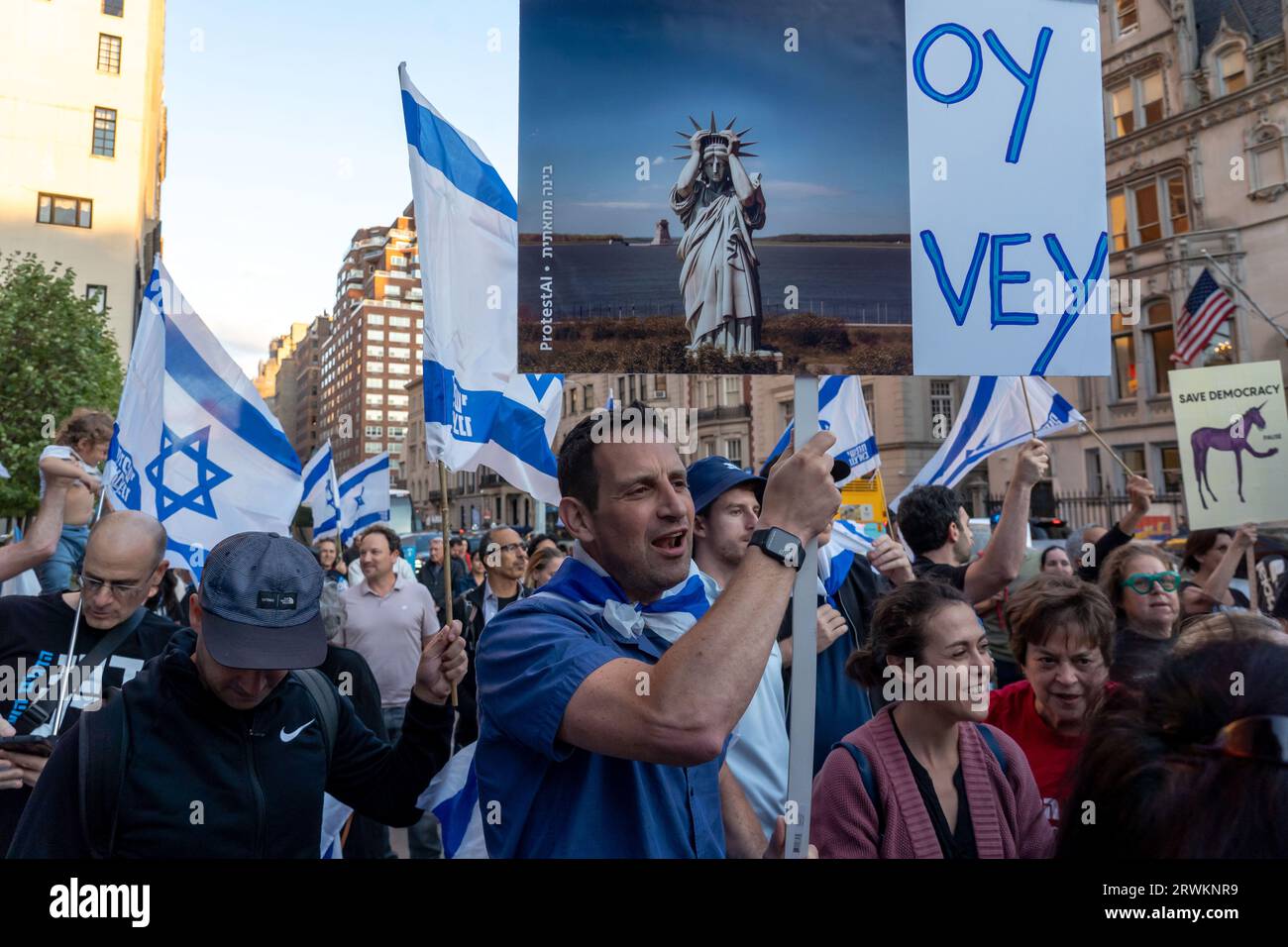 New York, United States. 19th Sep, 2023. Protester holds an "Oy Vay ...