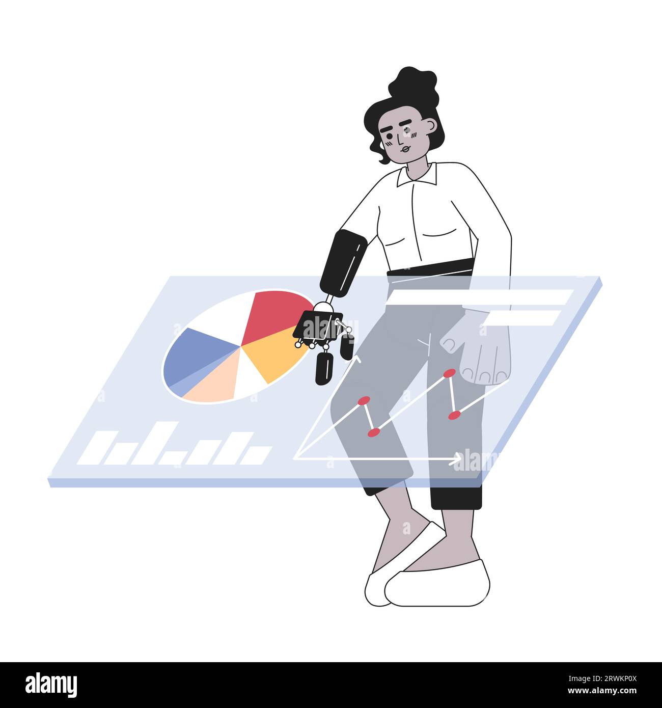 Prosthetic arm black woman touching analytics dashboard black and white ...