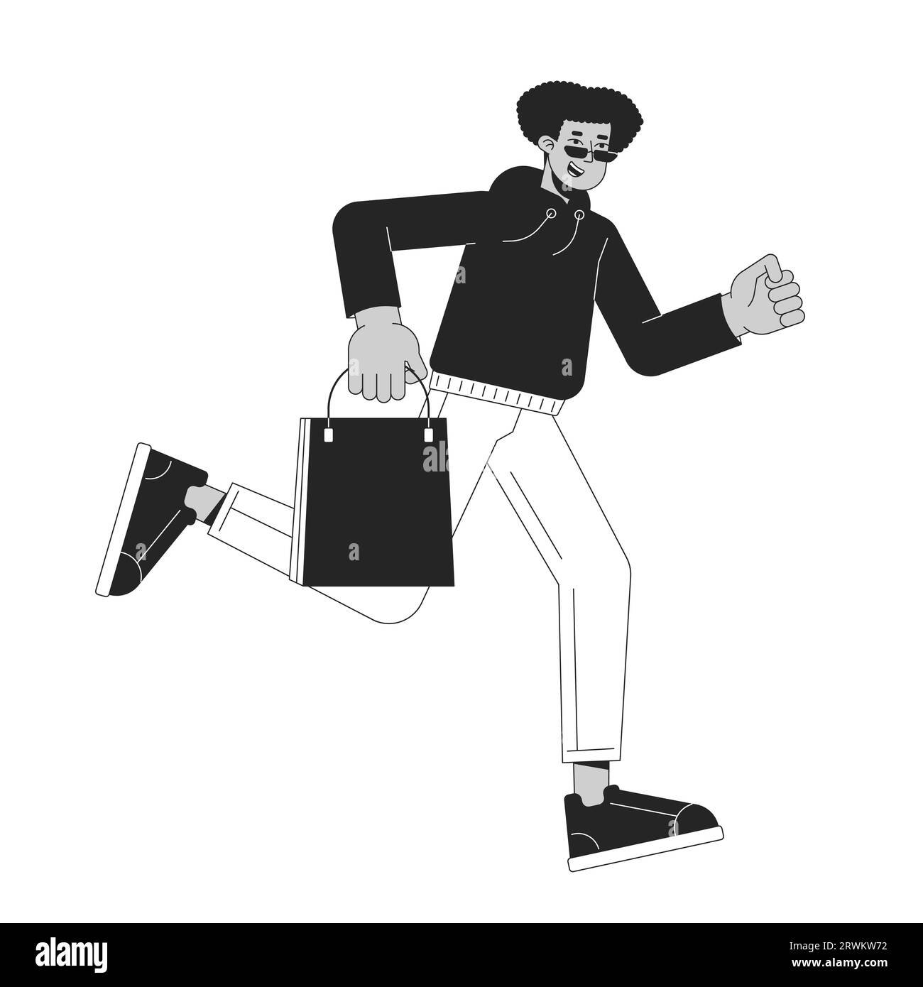Shopper male running with boutique bag black and white 2D line cartoon ...