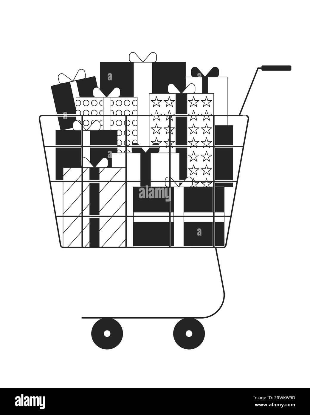 Shopping trolley with giftboxes black and white 2D line cartoon object ...