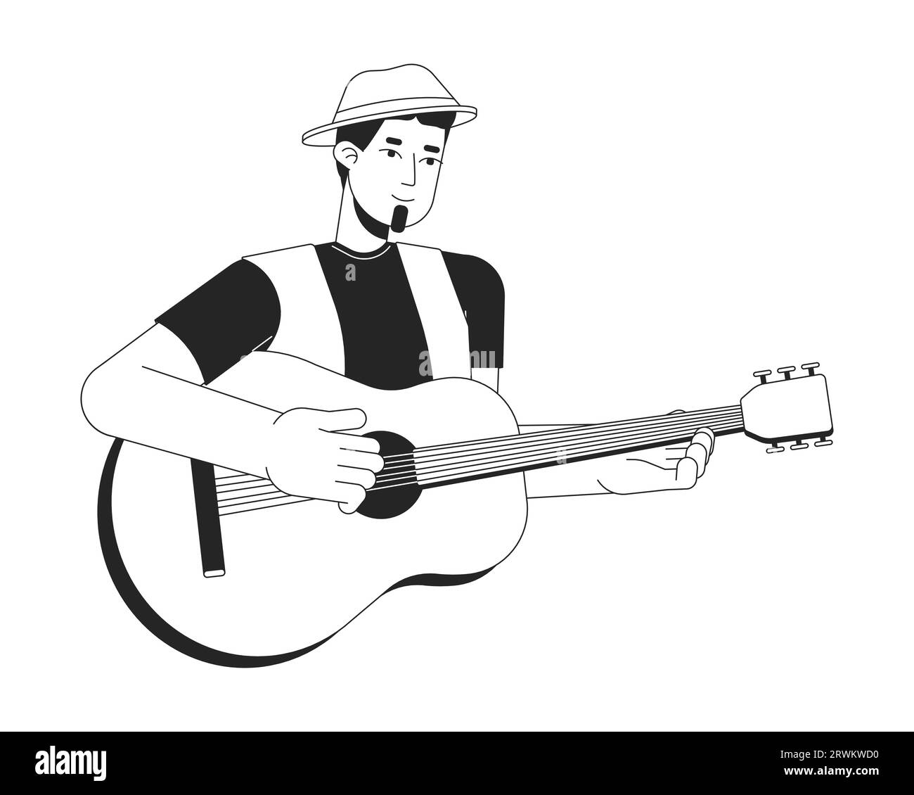 Musician playing acoustic guitar black and white 2D line cartoon ...