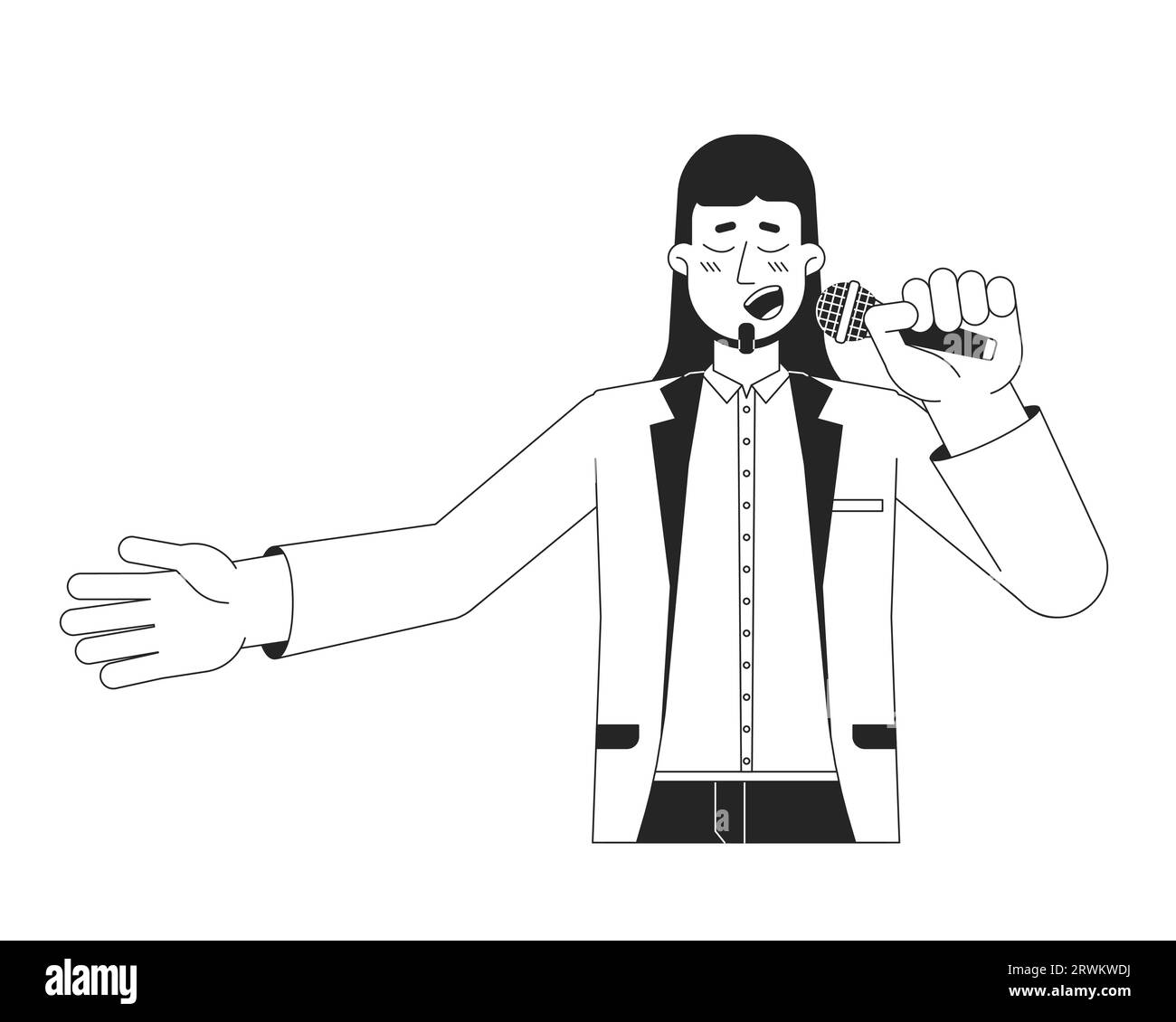 European adult male vocalist holding mic black and white 2D line ...