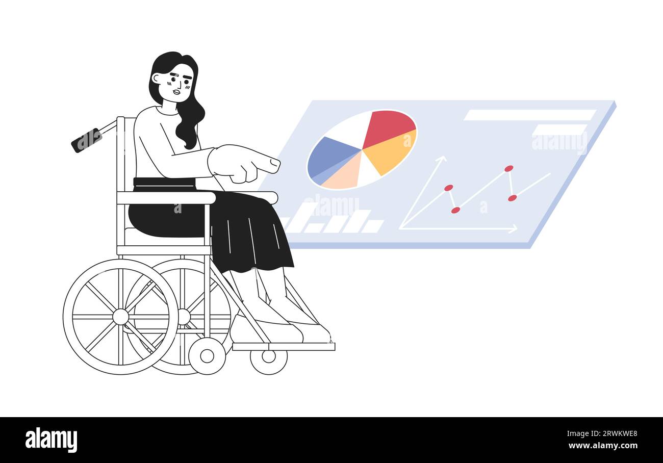 Wheelchair woman touching virtual screen black and white 2D cartoon ...