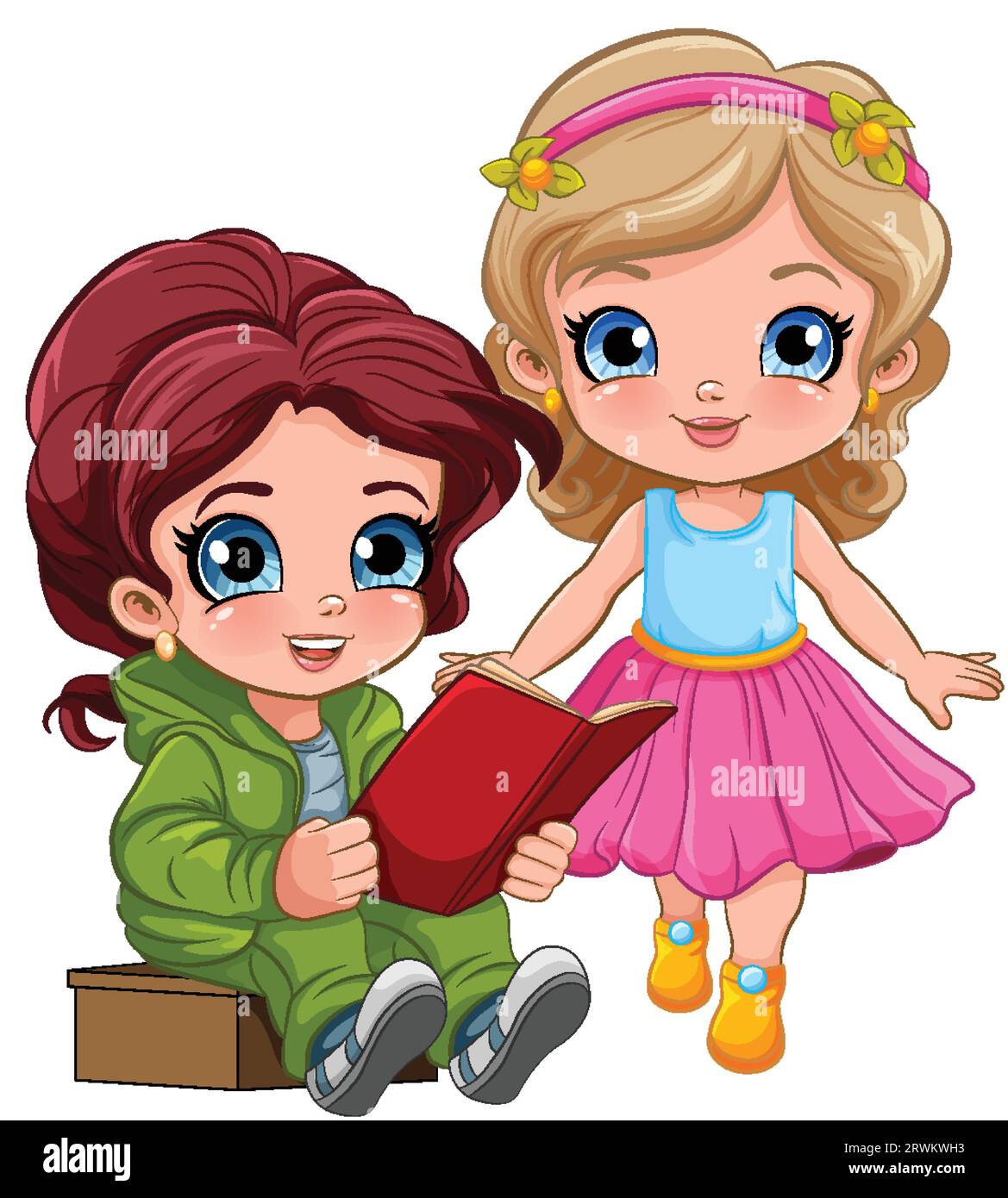 Cute Girl Reading Book Cartoon Character illustration Stock Vector ...