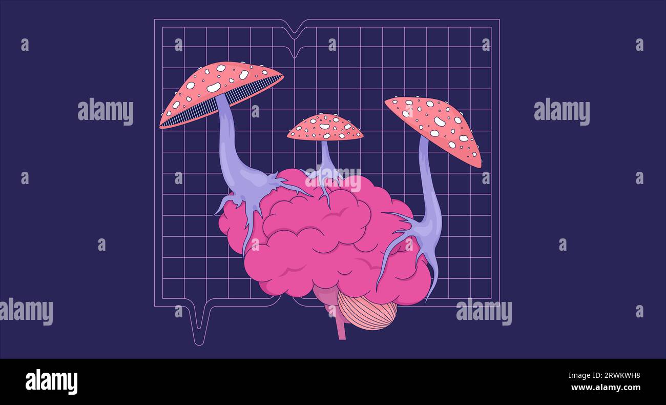 Mushrooms fly agaric growing on brain 2D cartoon background Stock ...