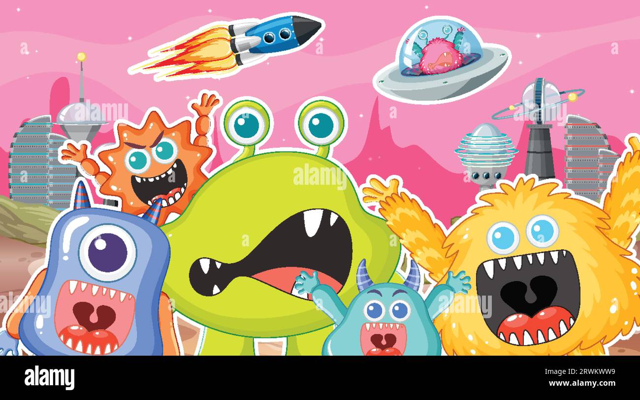 A group of adorable alien monster cartoon characters having fun in ...