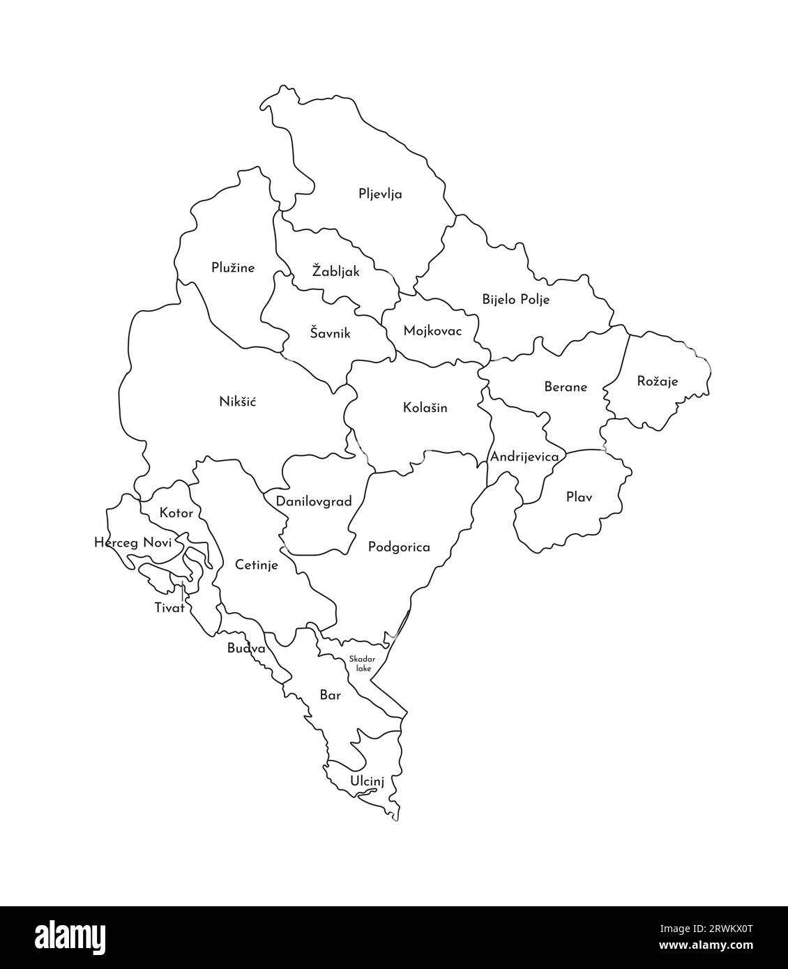 Vector isolated illustration of simplified administrative map of Montenegro. Borders and names ...