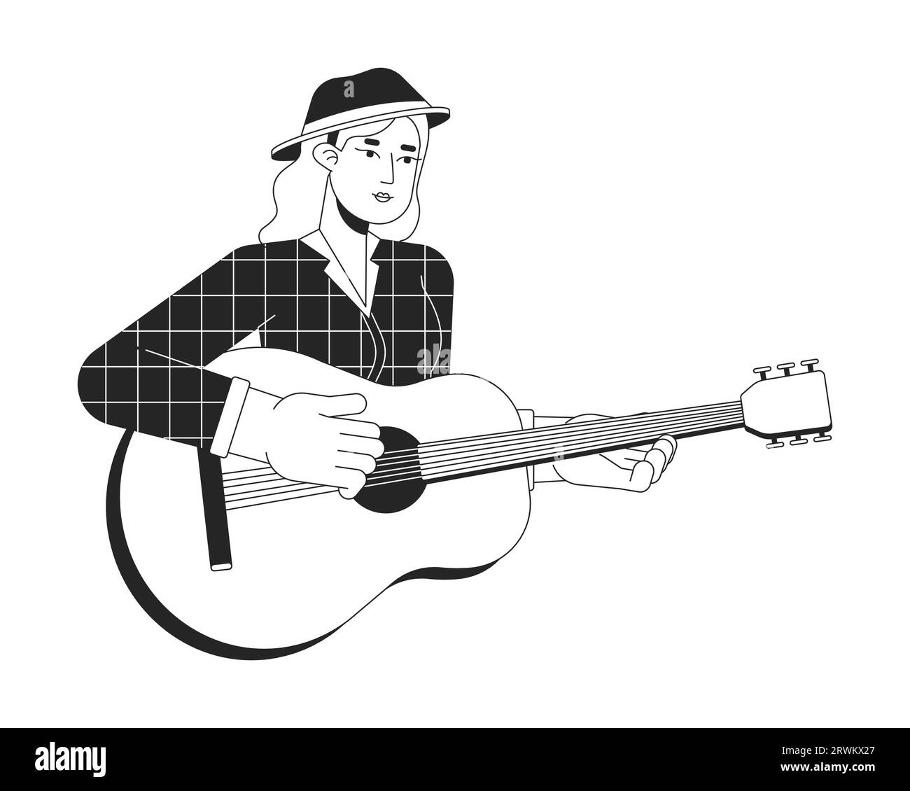 Guitarist girl plucking strings on acoustic guitar black and white 2D ...