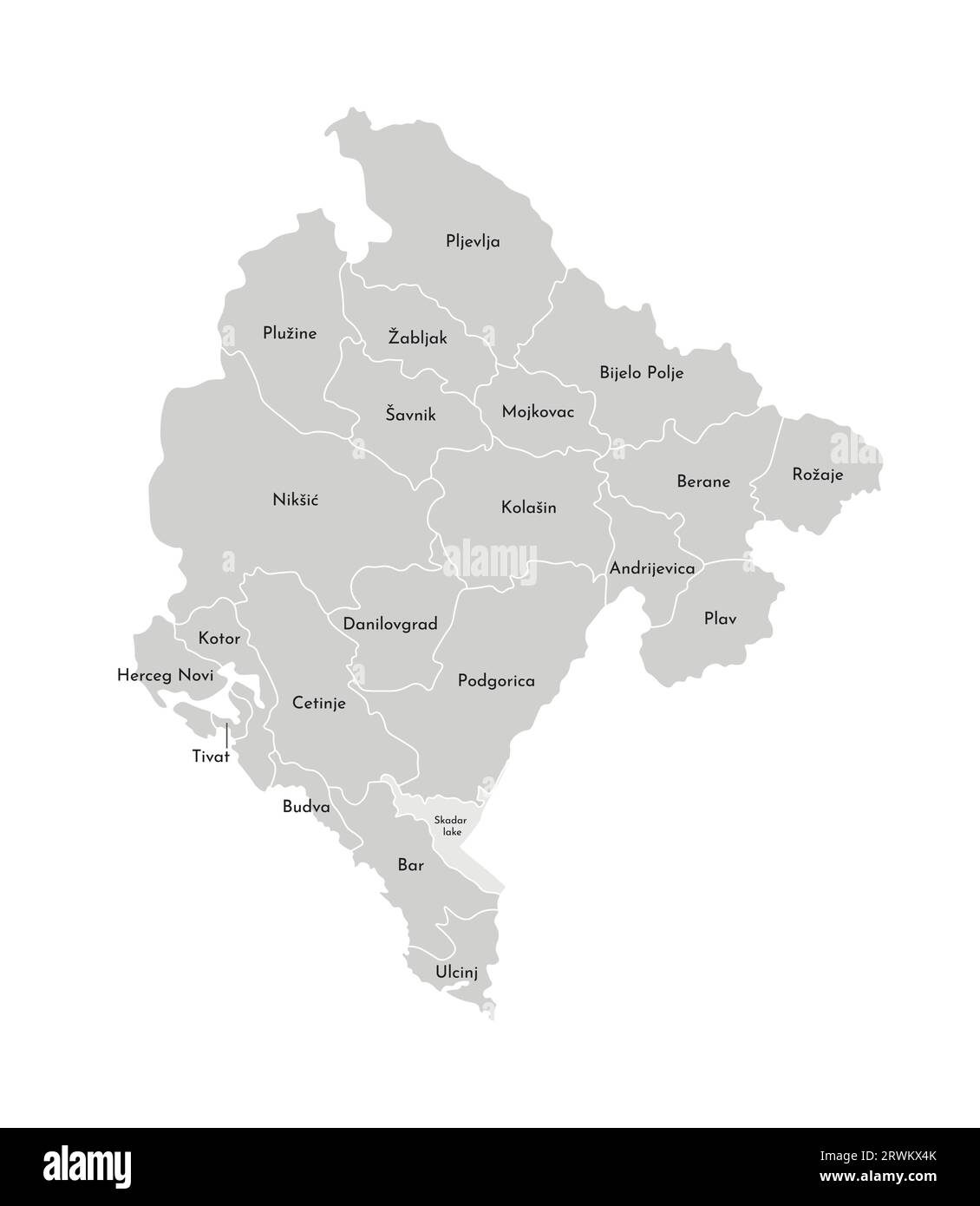 Vector isolated illustration of simplified administrative map of Montenegro. Borders and names ...