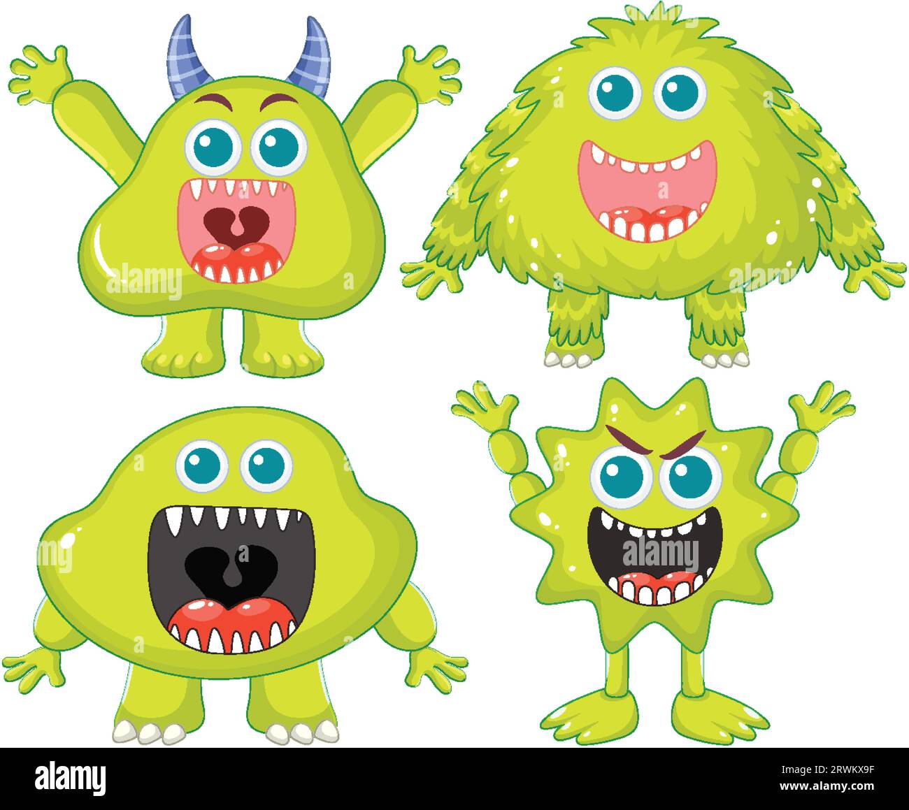 A set of adorable vector illustrations featuring green alien monsters ...