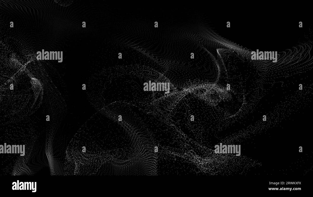 A riot of white particles on a black background. Space storm. 3D ...