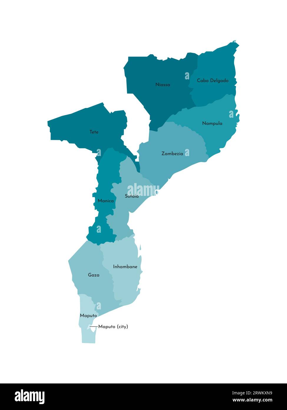 Vector isolated illustration of simplified administrative map of Mozambique. Borders and names ...