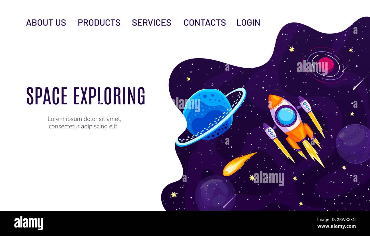 Galaxy space adventure landing page with cartoon flying spaceship at ...