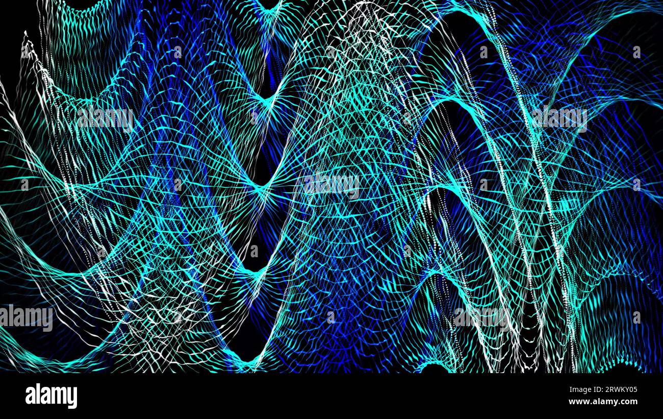 A stream of wavy intersecting lines on a black background. Lines and ...