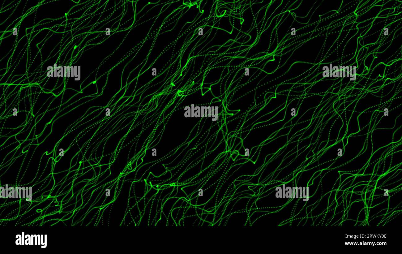 A diagonal stream of green wriggling threads on a black background ...
