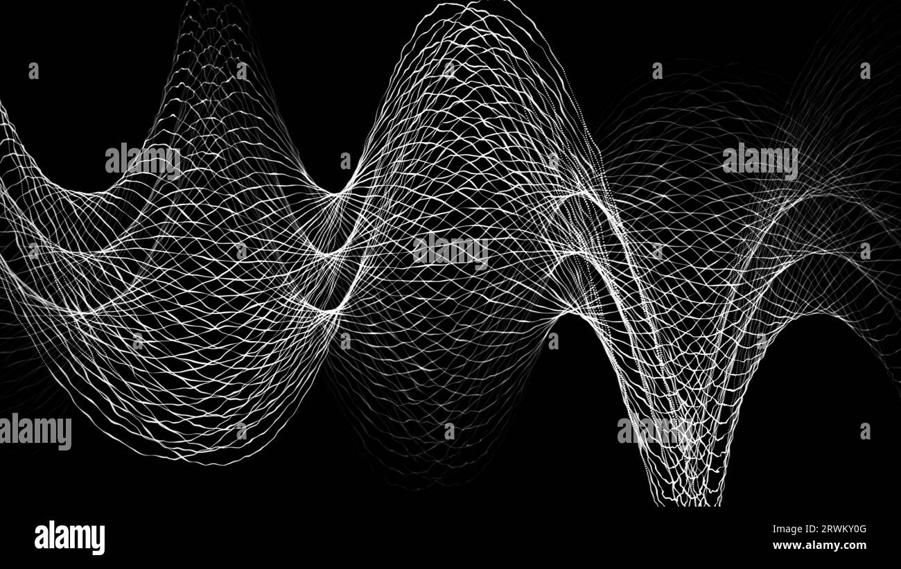 A stream of wavy intersecting lines on a black background. Lines and grids. Futuristic dots ...