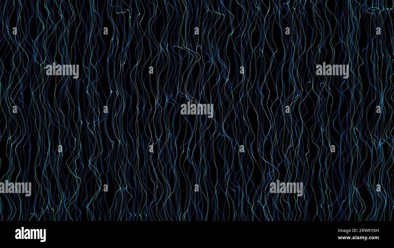 A vertical stream of blue wriggling threads on a black background ...