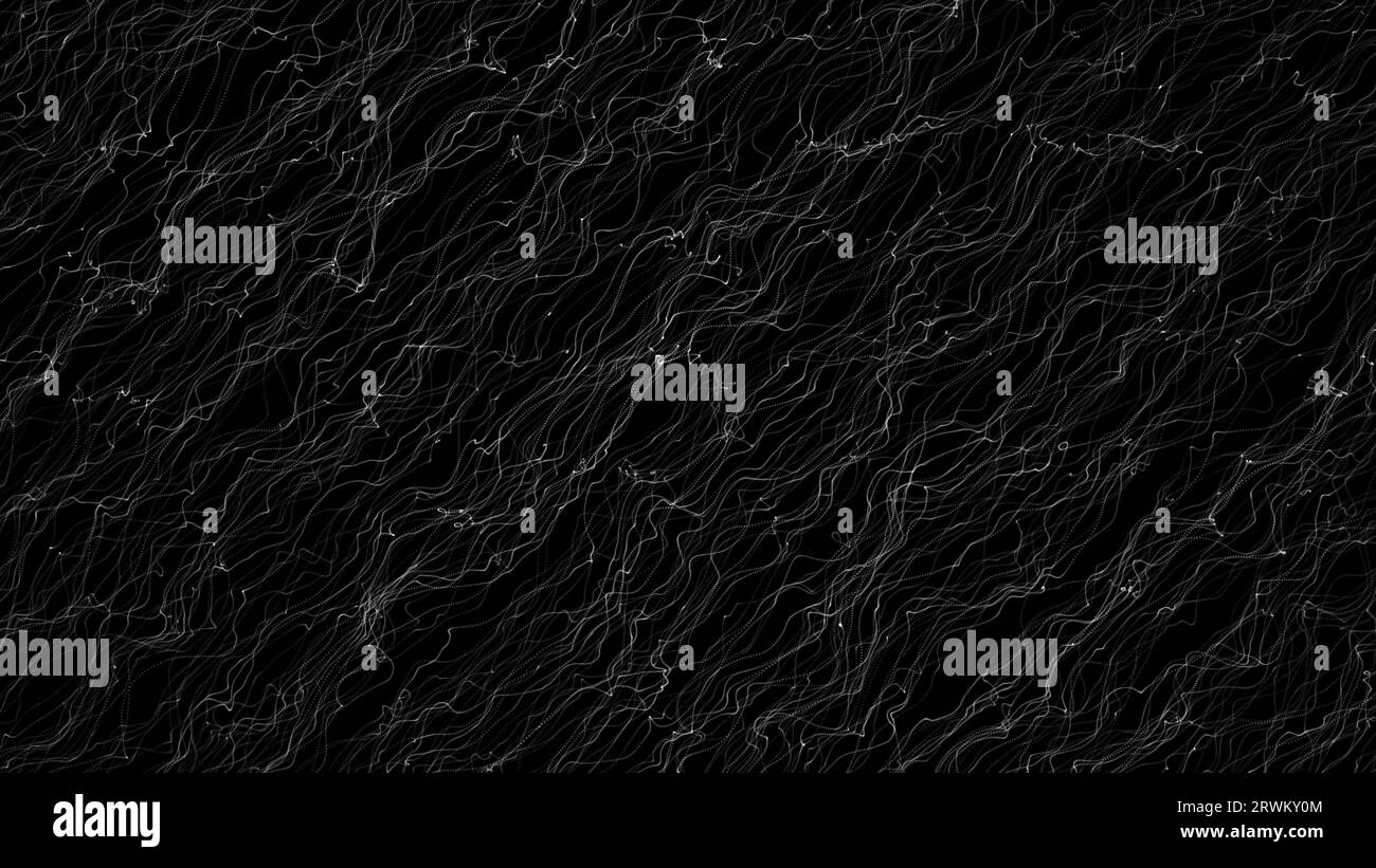 A diagonal stream of white wriggling threads on a black background ...