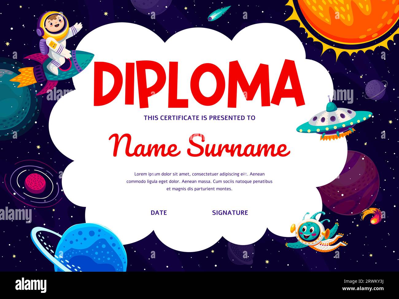 Kids astronaut diploma with spaceman on rocket, space planets and alien ...