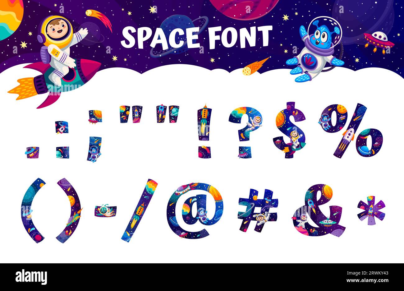 Space font punctuation marks and symbols of cartoon galaxy universe ...