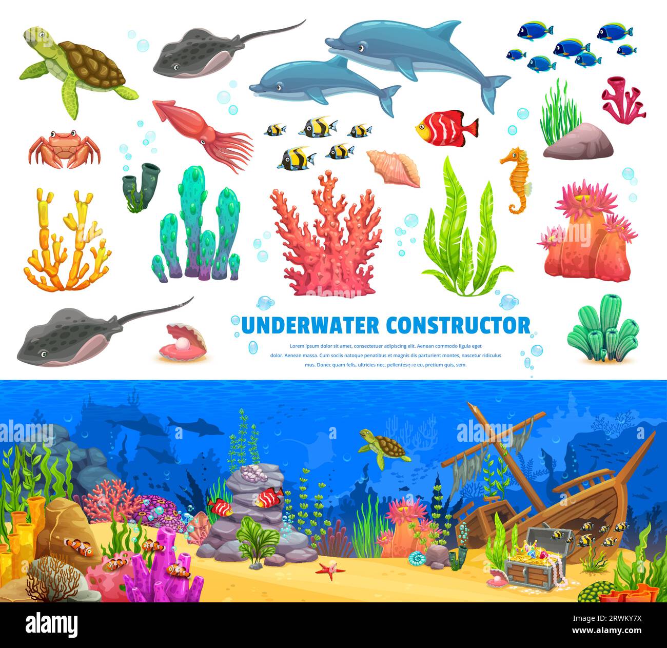 Cartoon animal, fish, seaweeds and corals, underwater landscape ...