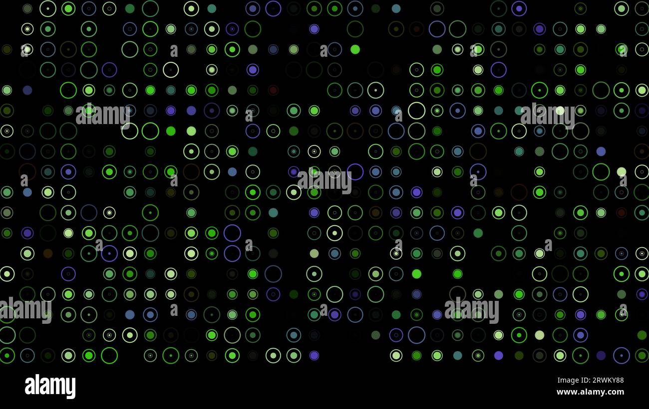 Colored flashing rotating circles with a dot on black bg. Abstract ...